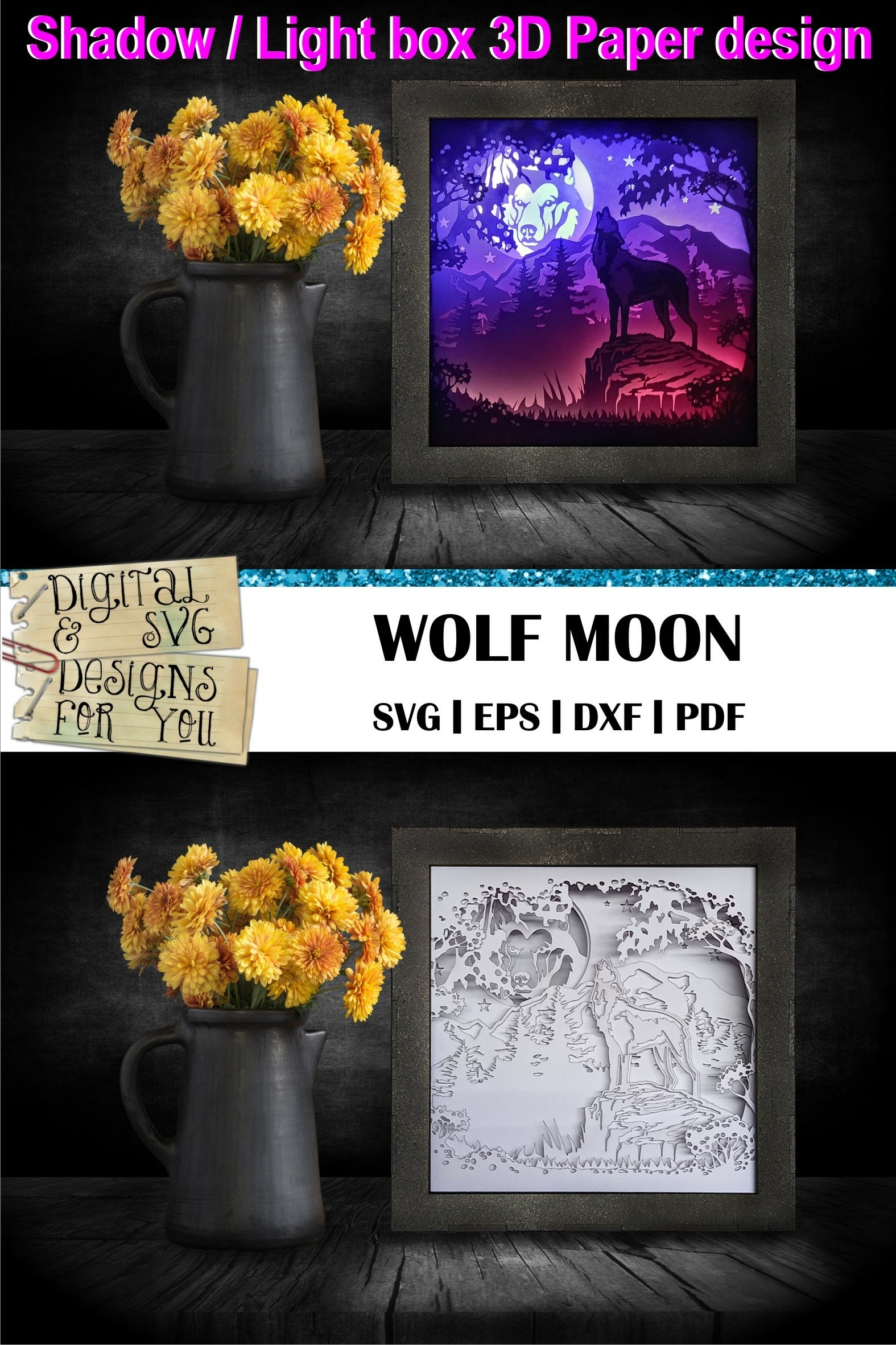Full moon wolf - 3D Light box | 3d Shadow box | wolves svg