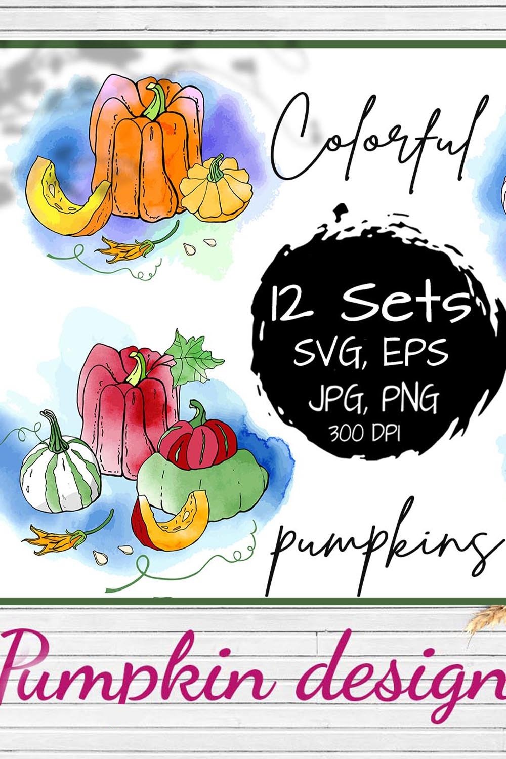 Vector pumpkin designs with watercolor background. PNG, SVG