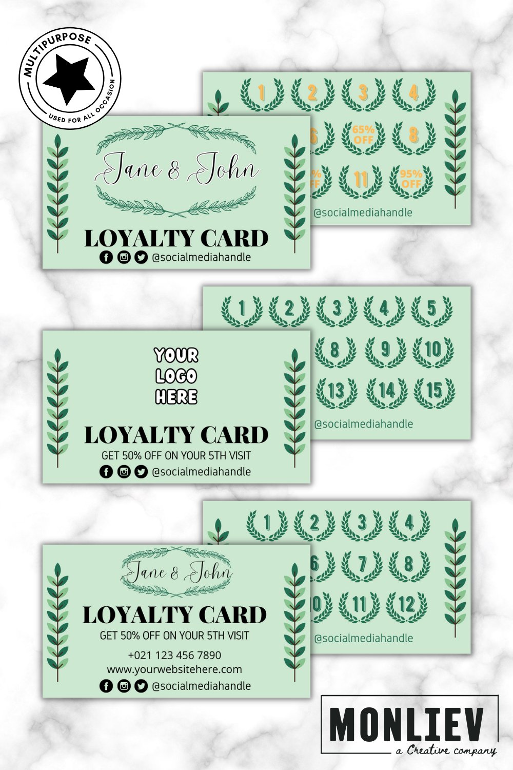 039 - 3 sets 2D Green Flower &Leaves Decoration Loyalty Card