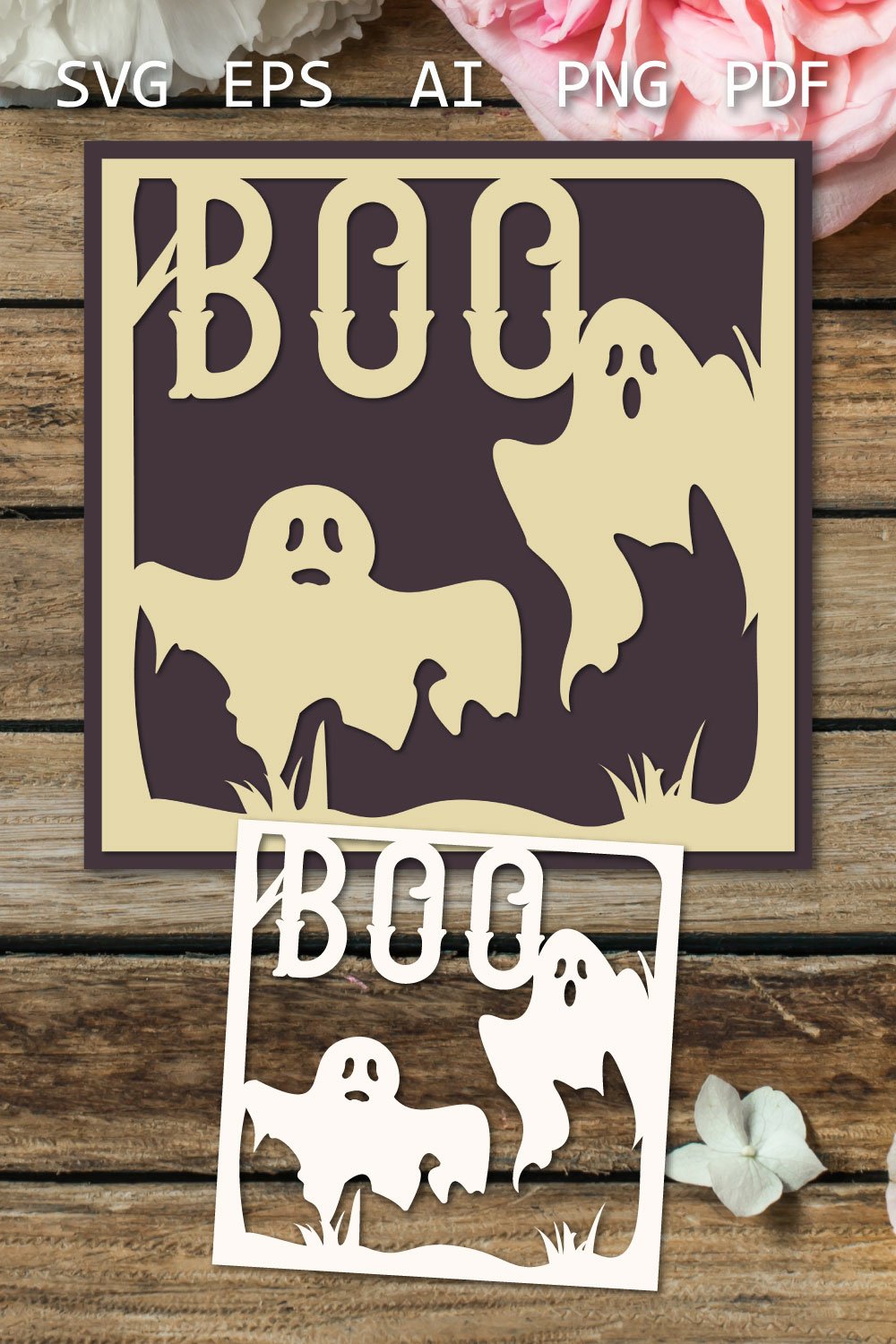 Halloween papercut card with ghosts, Boo paper card SVG
