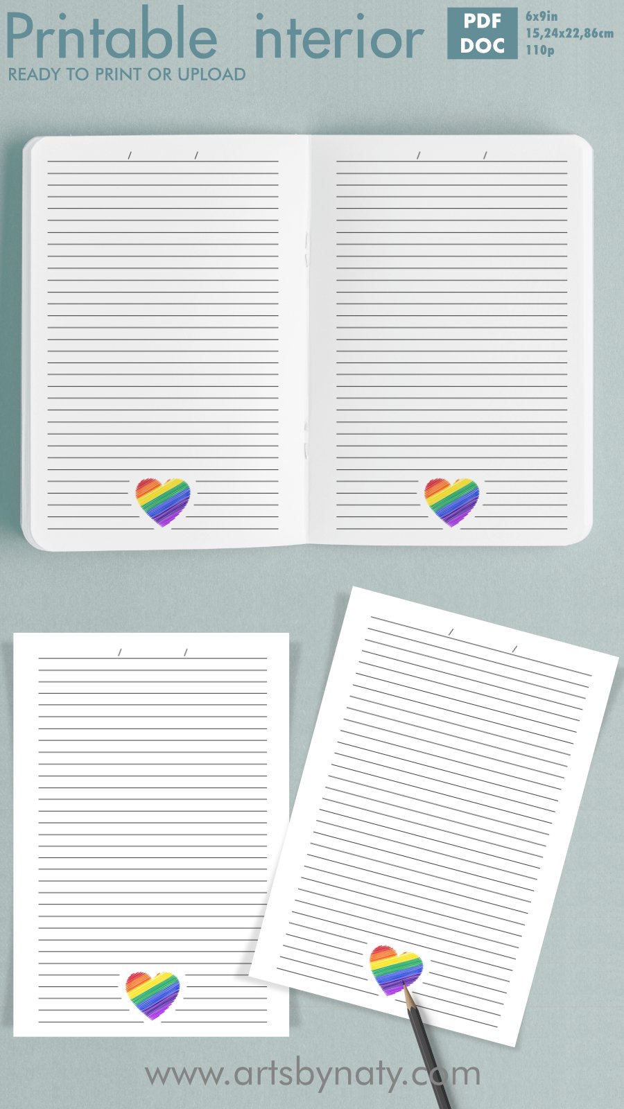 LGBT love heart printable lined journal.