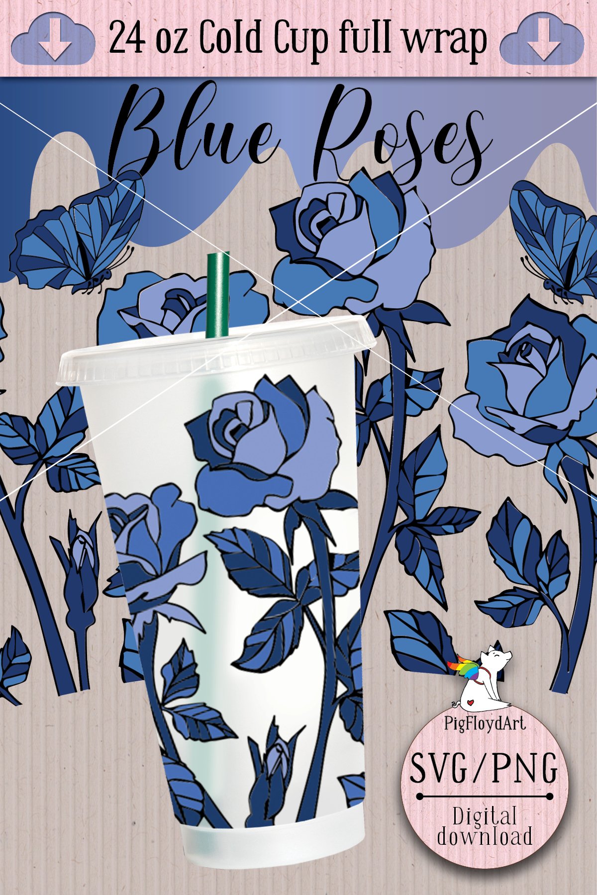 Blue Roses Cold Cup Full Wrap - SVG Cut File - Rose
