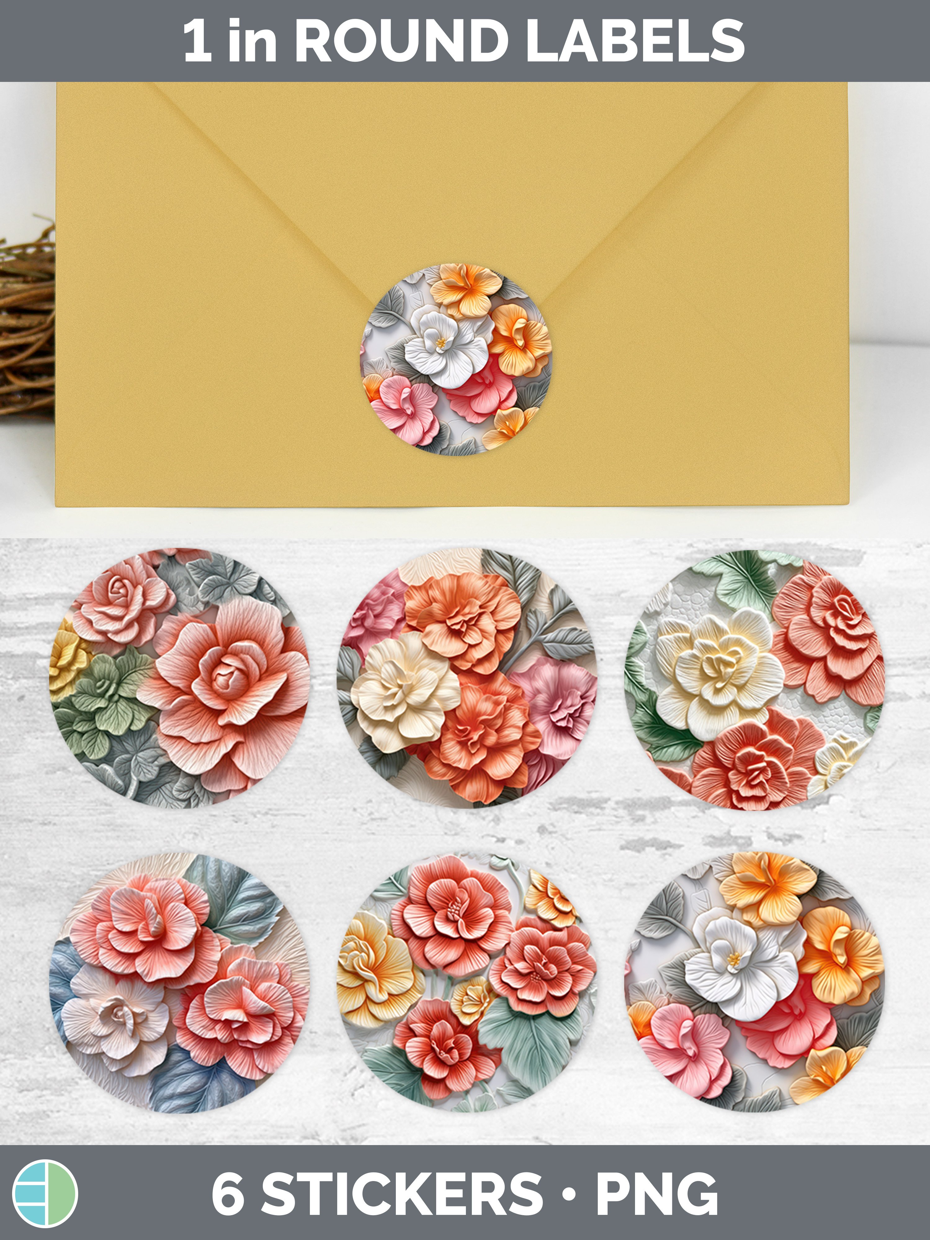 3D Begonia Flowers Stickers | Round Labels Designs Bundle