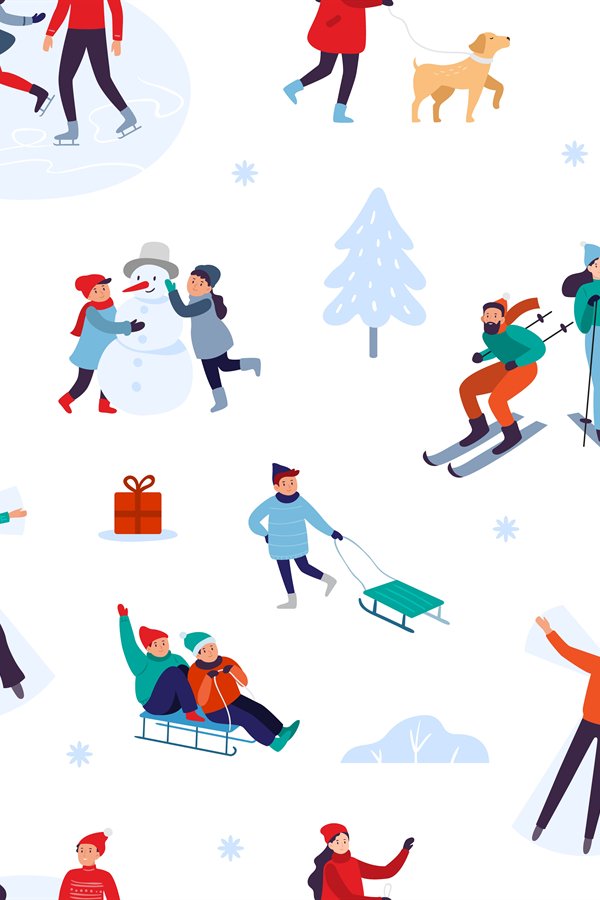 Winter holiday activities seamless pattern. Happy people wal