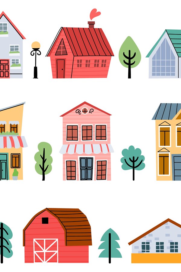Cute childish town and village buildings, houses and cottage