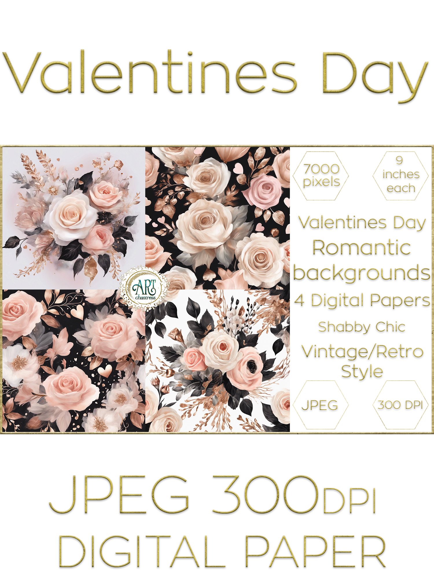 Retro Valentines Day Digital Papers Cute Flowers (3176312)