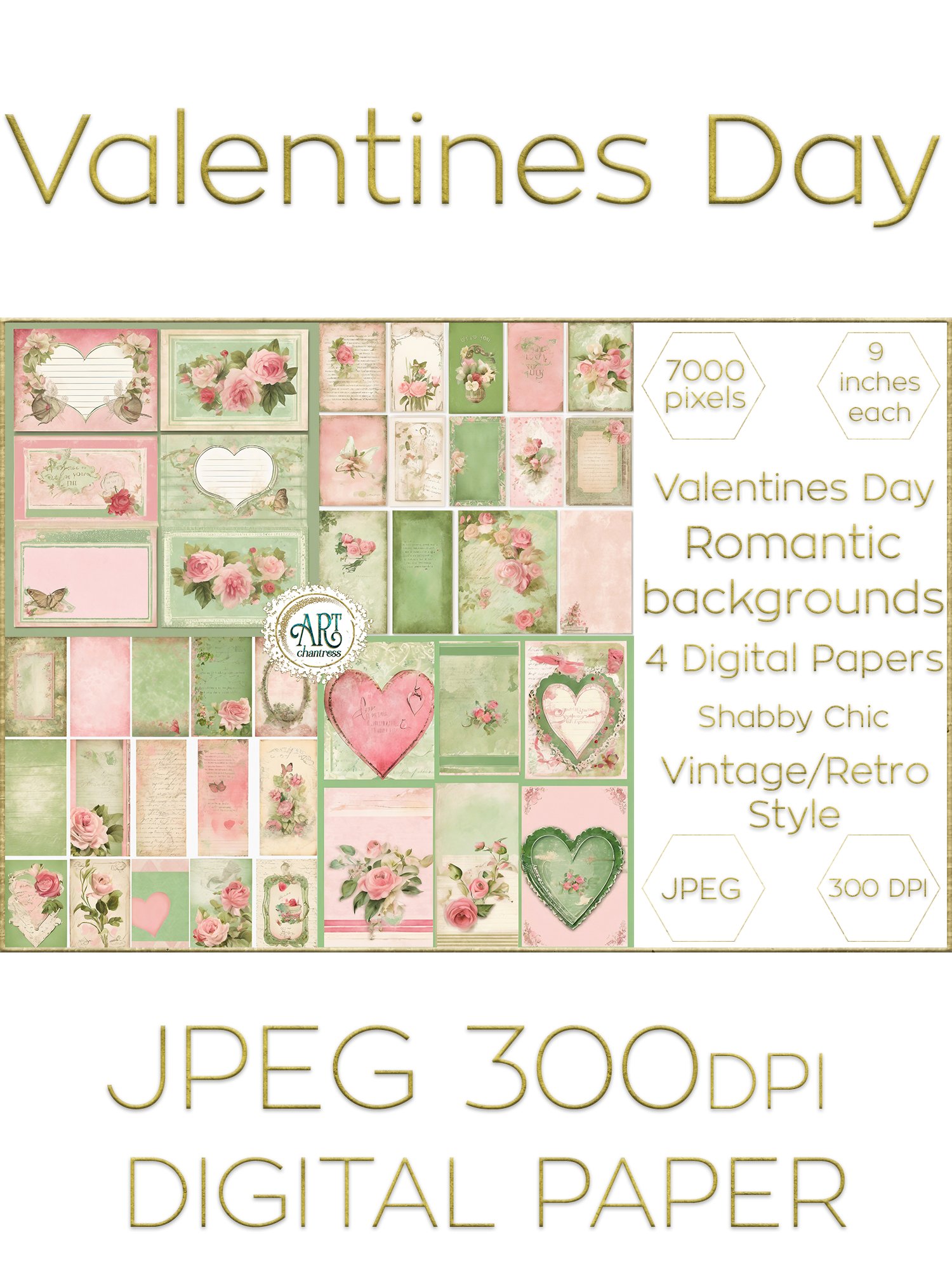 Watercolor Green and Pink Vintage Frame Retro Digital Papers