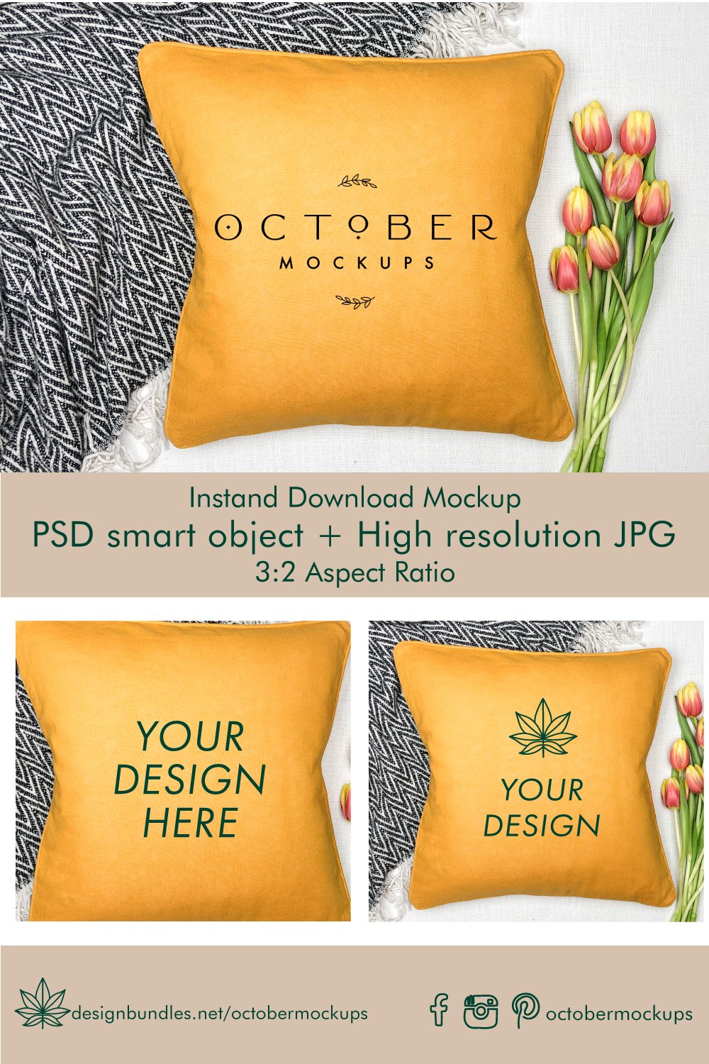 Yellow Pillow Mockup Spring | JPG and PSD smart object