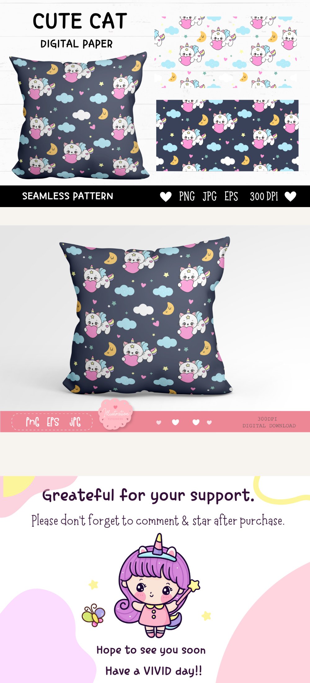 Cat Seamless Pattern: Kawaii animal kitten Digital Paper