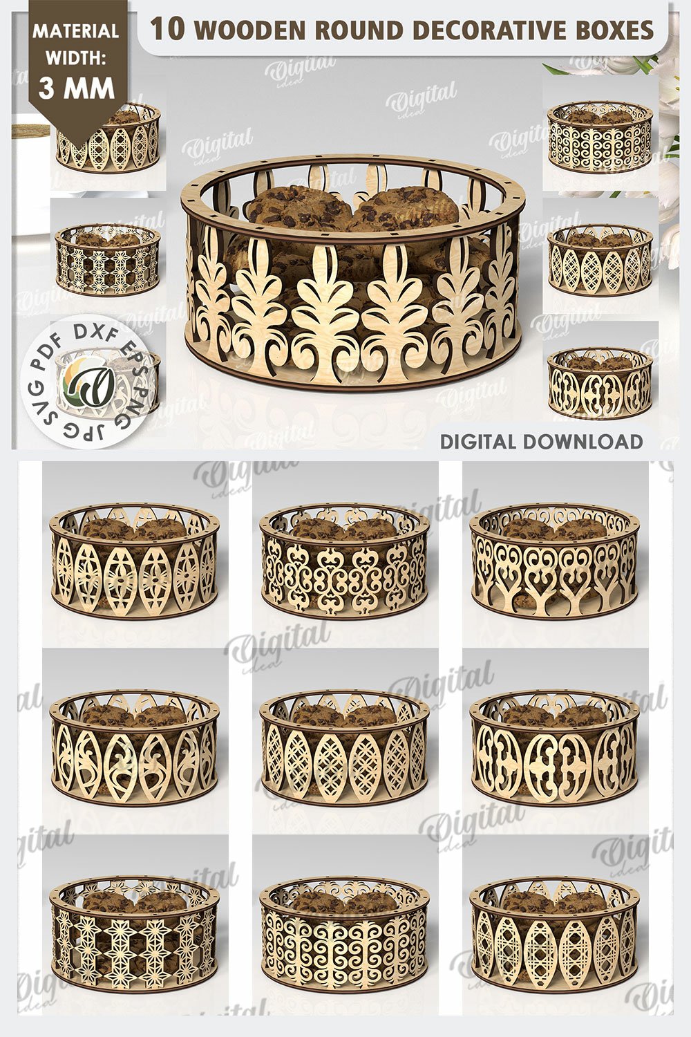 Wooden Round Decorative Boxes Laser Cut Bundle. 3D Boxes SVG