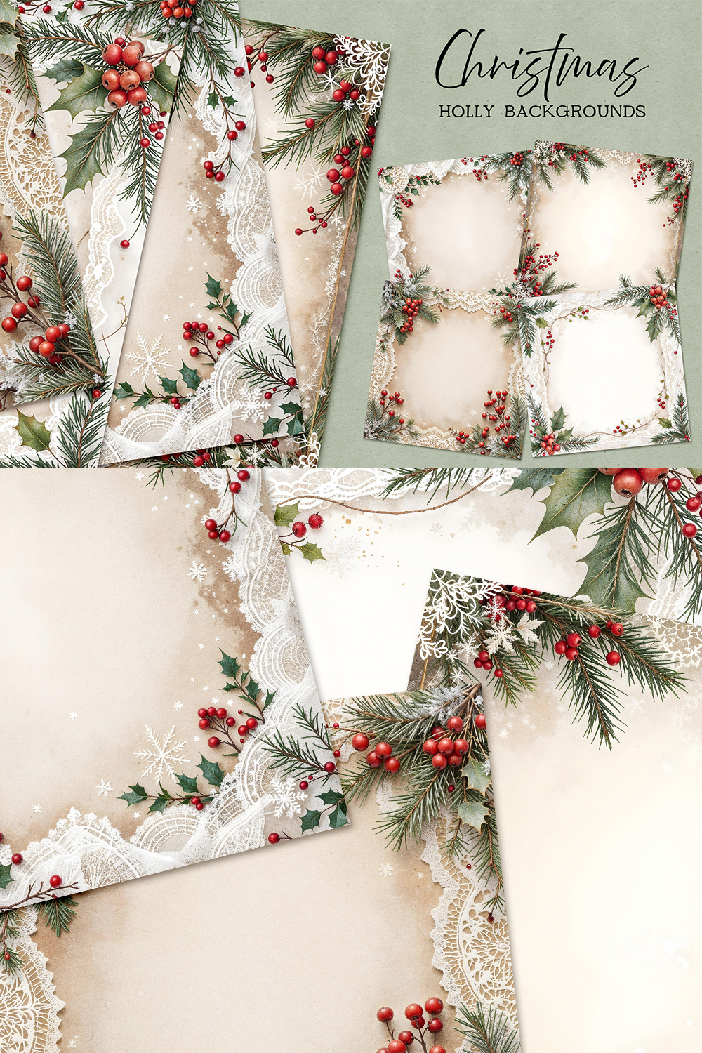 Christmas Holly JPG Backgrounds or Digital Paper Set