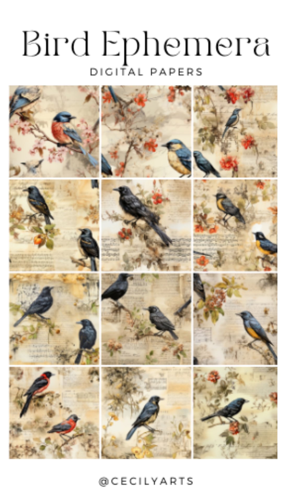 15 Bird Ephemera Seamless Pattern Background