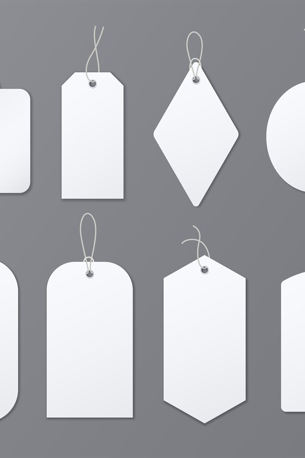 Tags labels. Blank white price label, hanging paper badges o