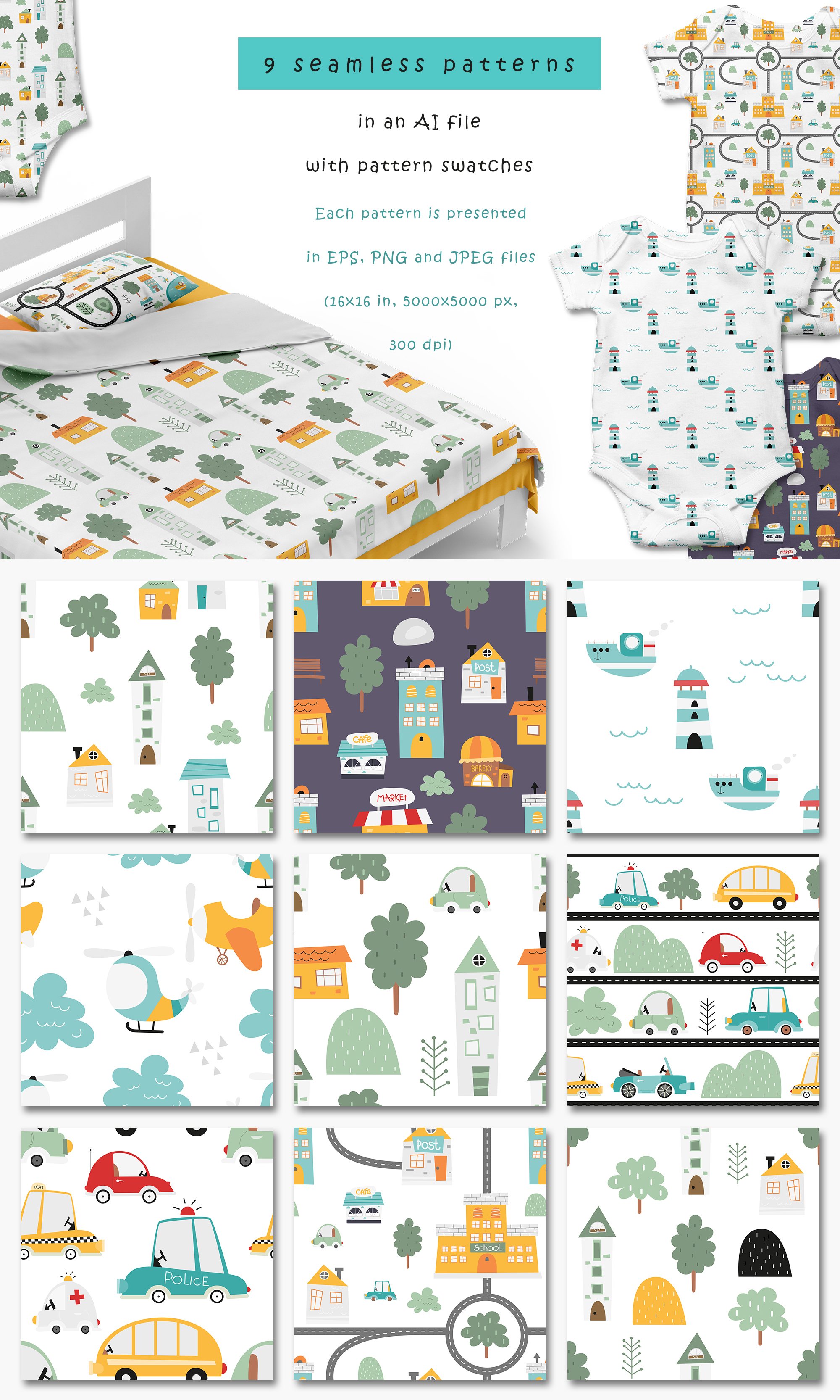 Small town seamless patterns for nursery art