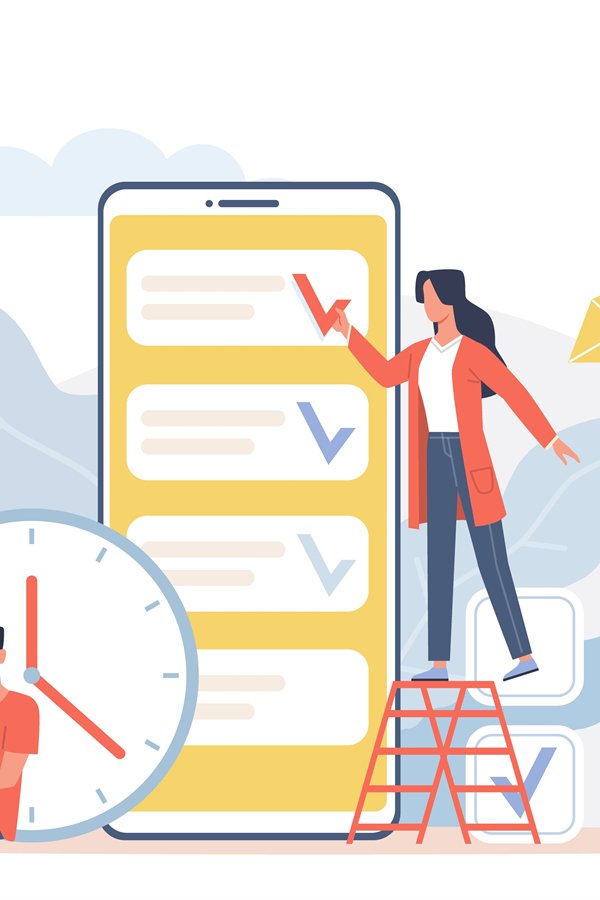 Time management. Office teamwork around big smartphone, to-d