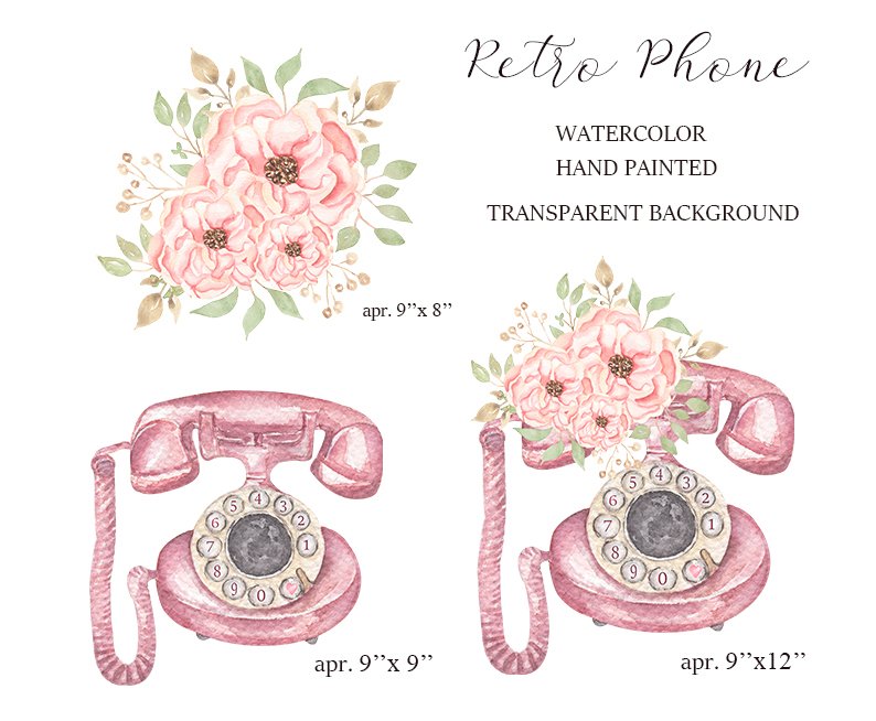 Watercolor Retro Phone Illustration set