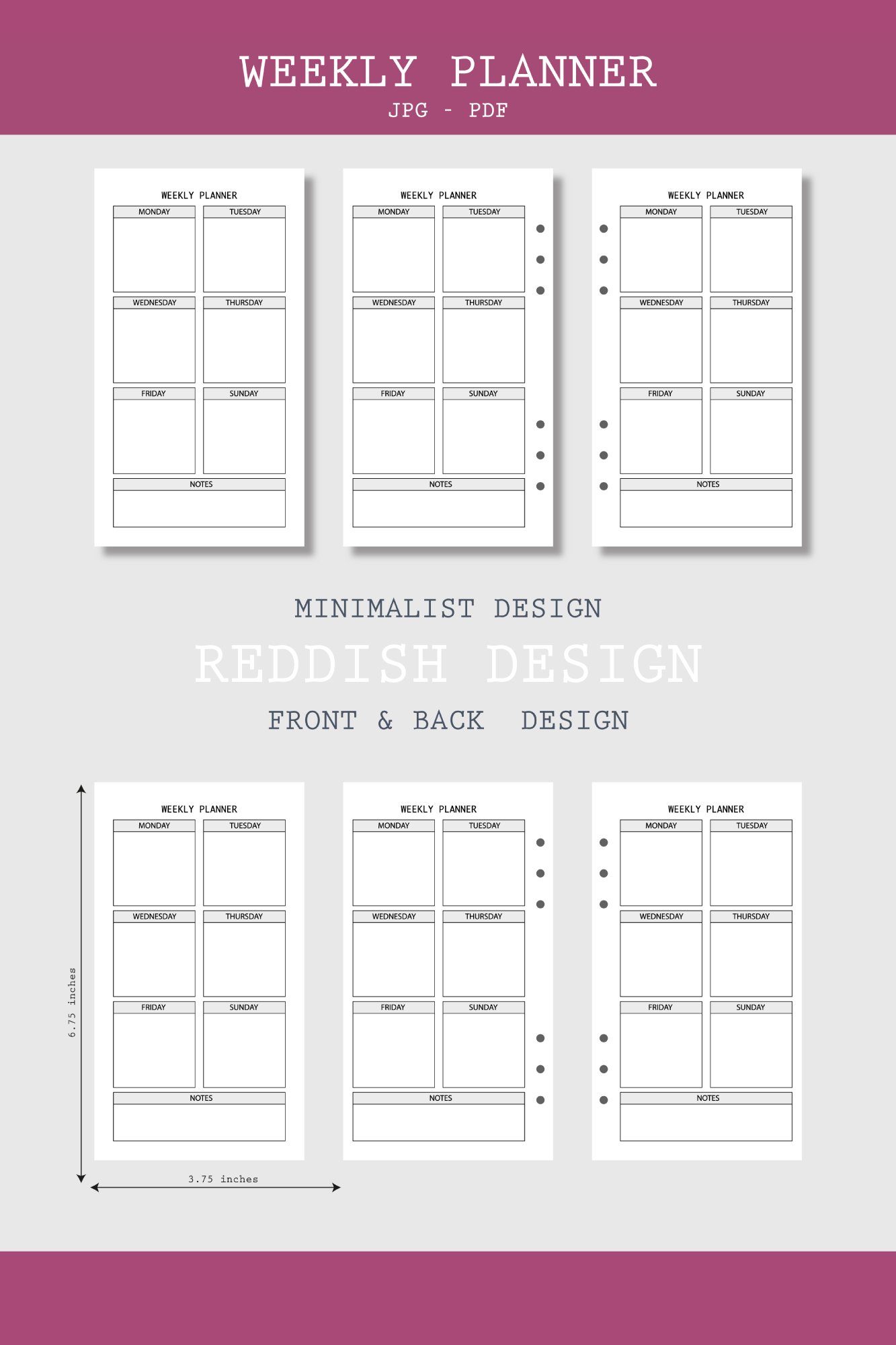 Weekly Planner bullet journal, personal size printable