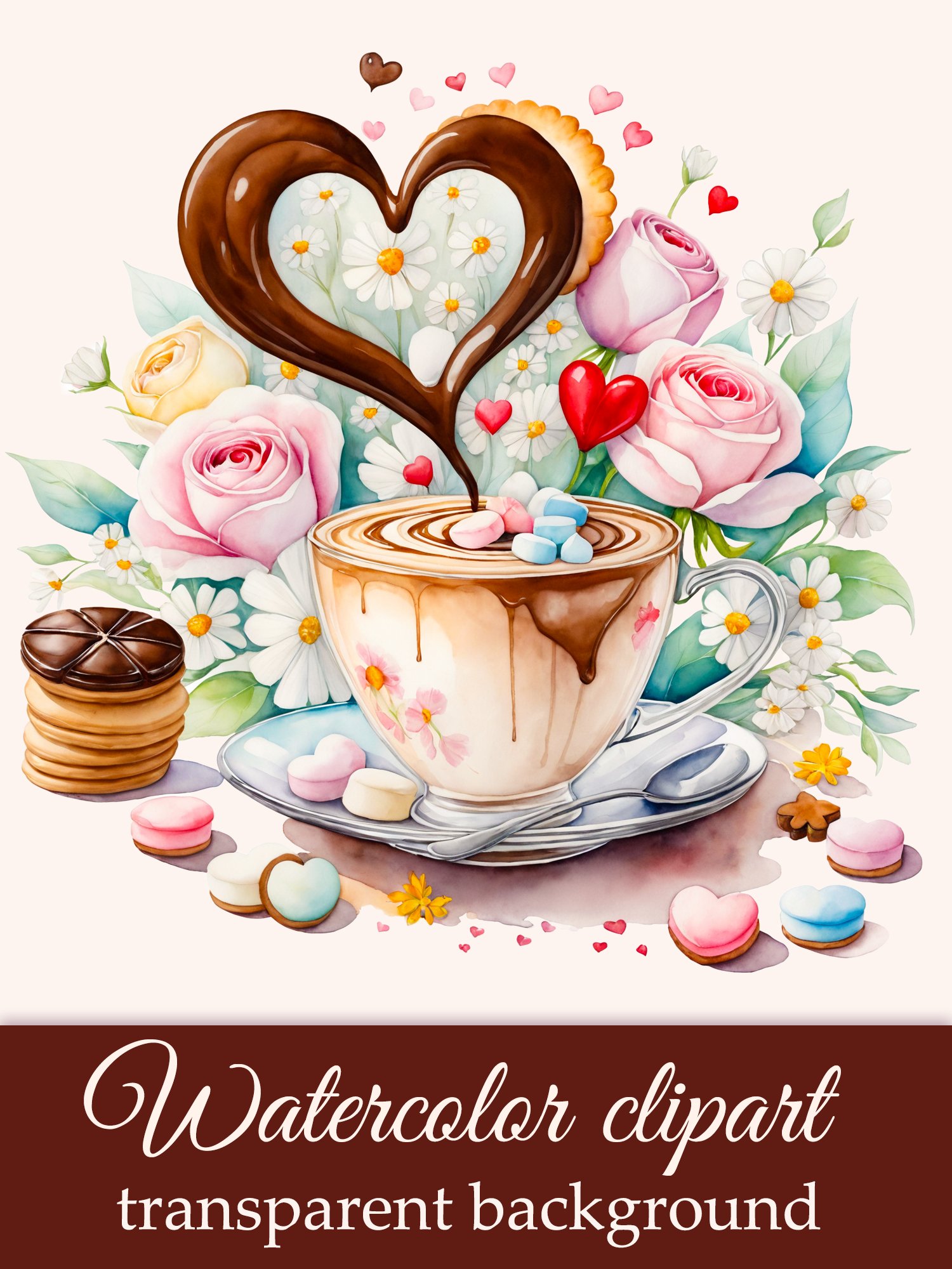 Watercolor coffee cup with hearts and chocolate, clipart Png
