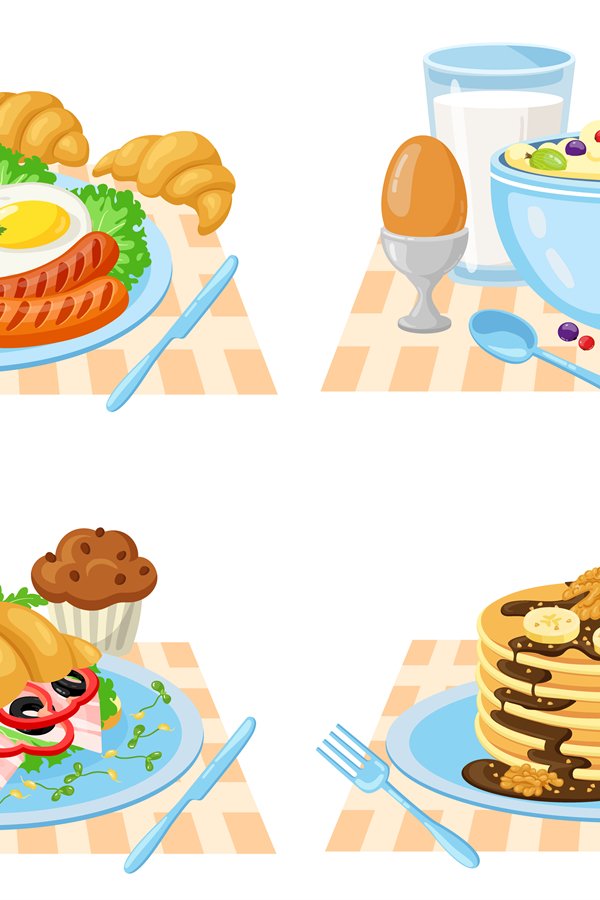 Cartoon breakfast. Healthy, delish breakfast menu, pancakes,