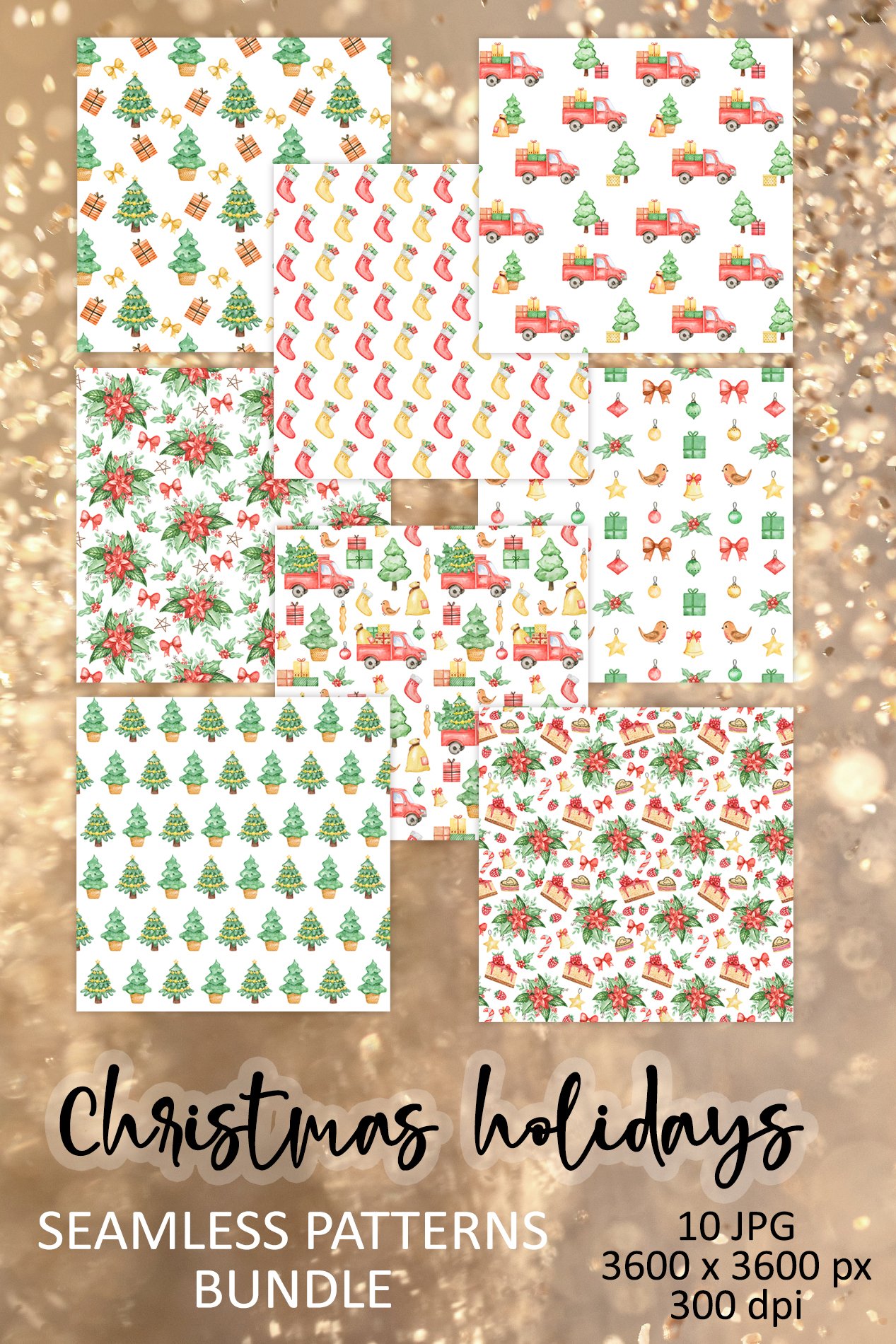 Watercolor Christmas seamless pattern bundle