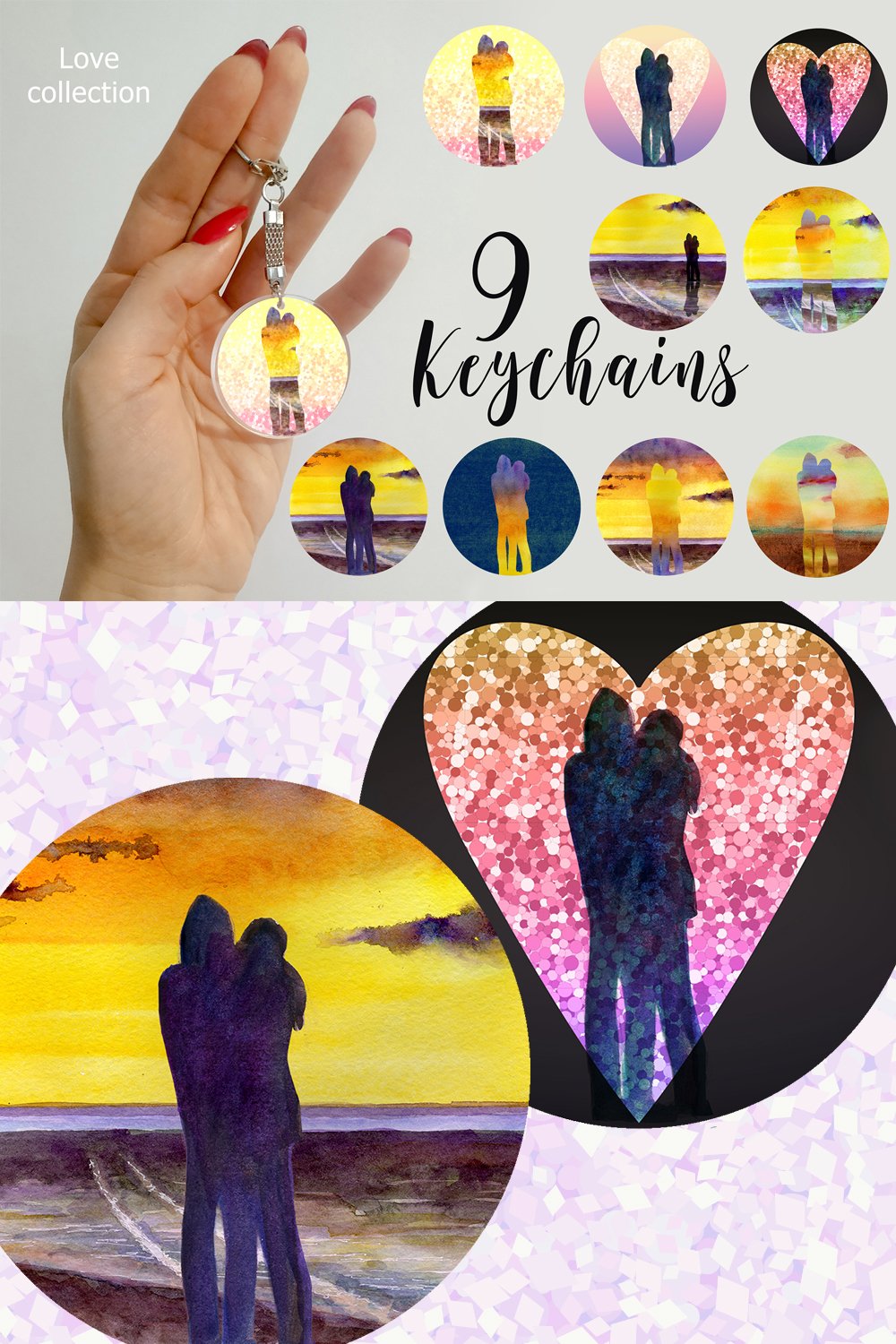 Watercolor Keychain Sublimation. Romantic love Bundle