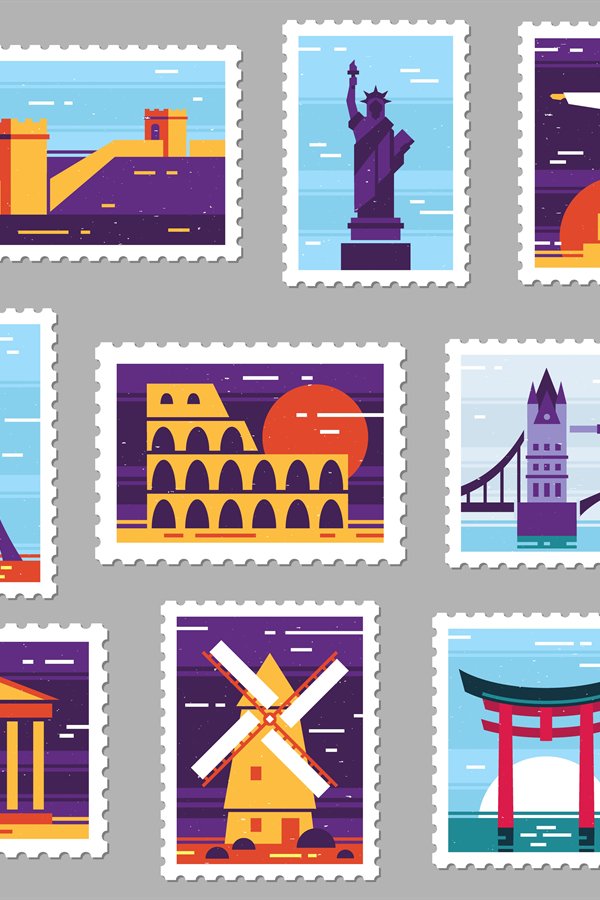 World cities post stamps. Travel postage stamp design, city