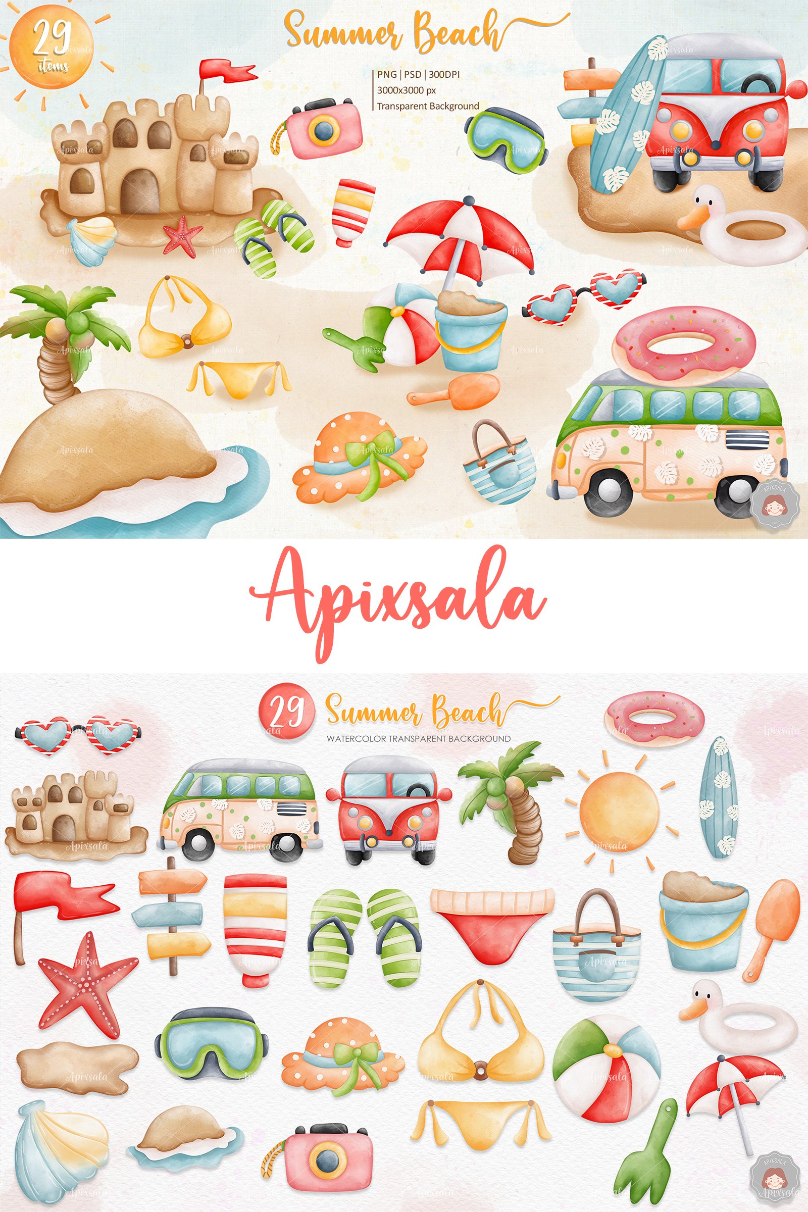 Watercolor Summer Beach Clipart Sublimation Bundle
