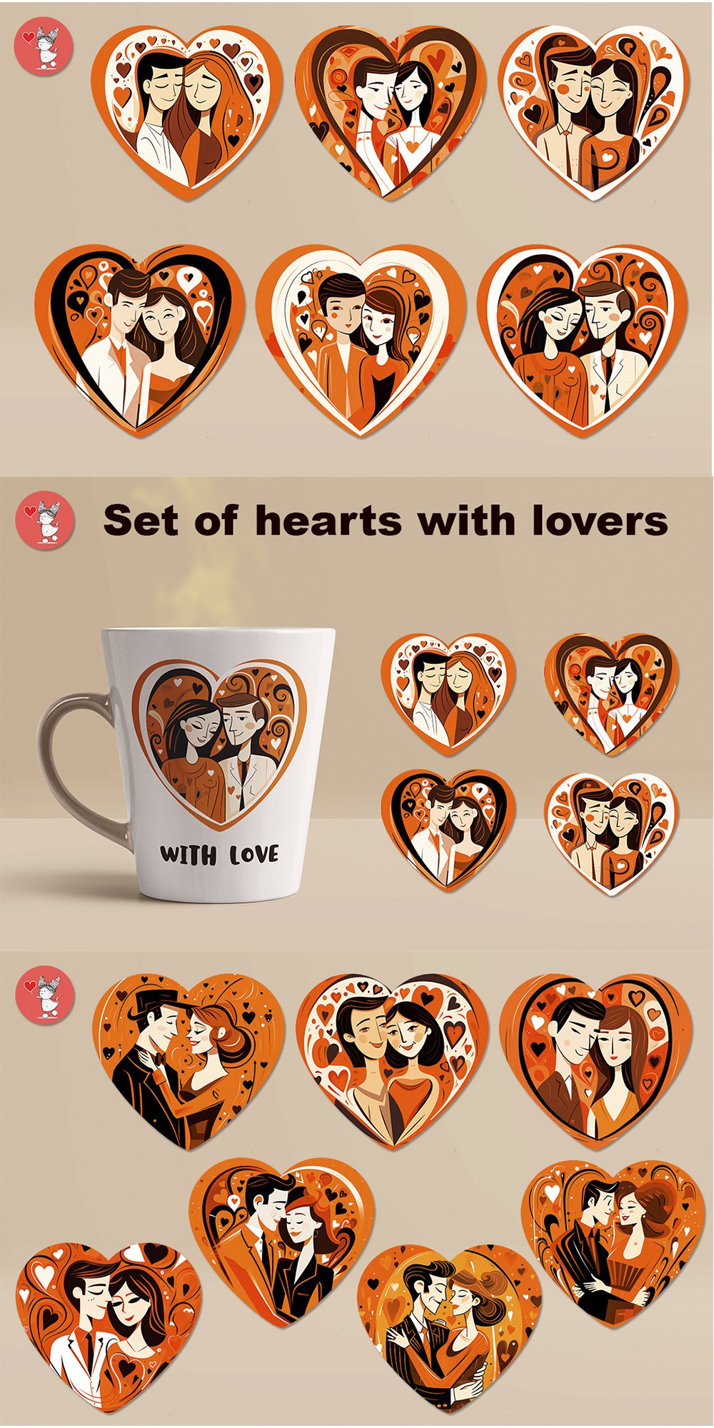 Set of hearts with lovers