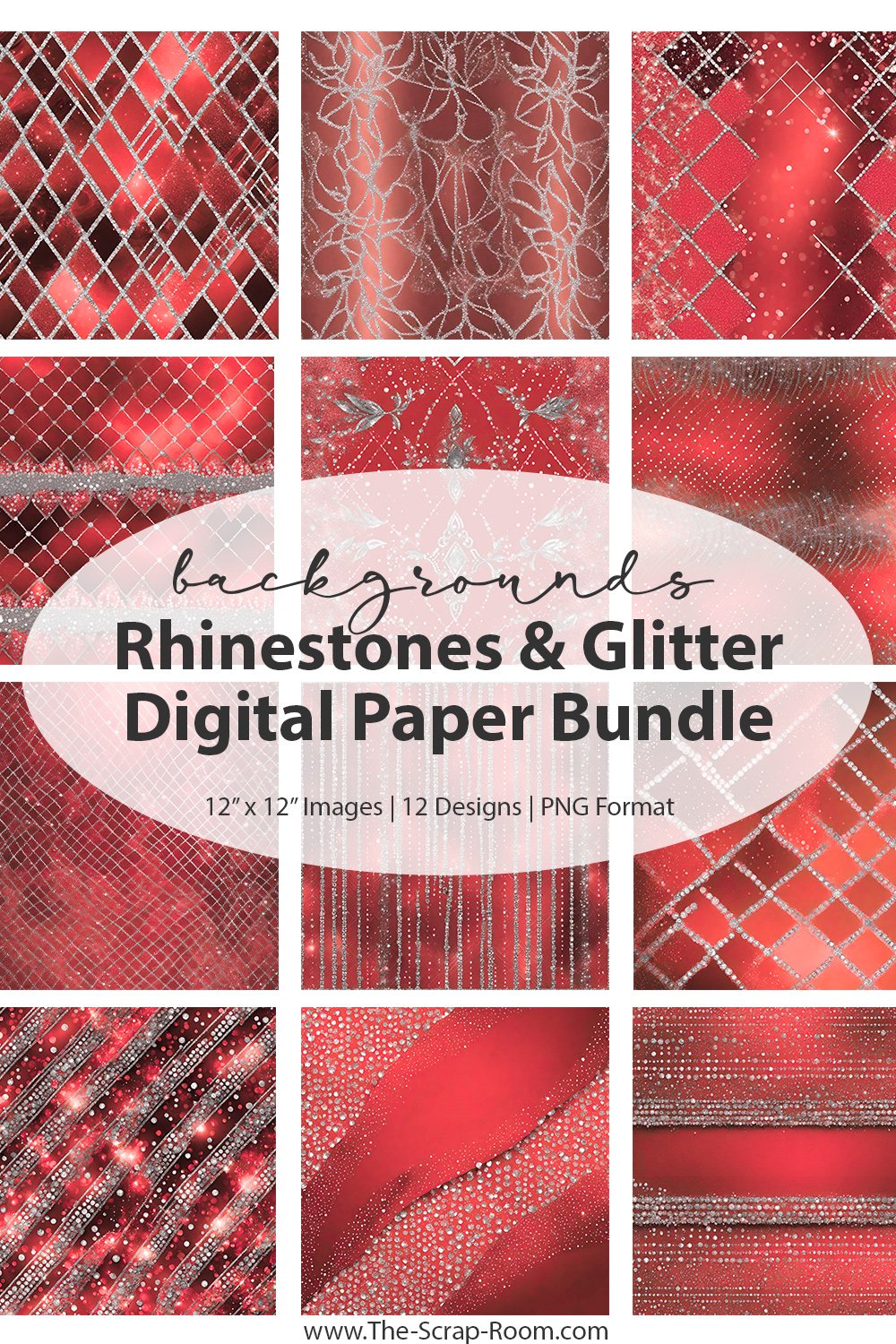 Rhinestones & Glitter Digital Paper Pack, Printable Red