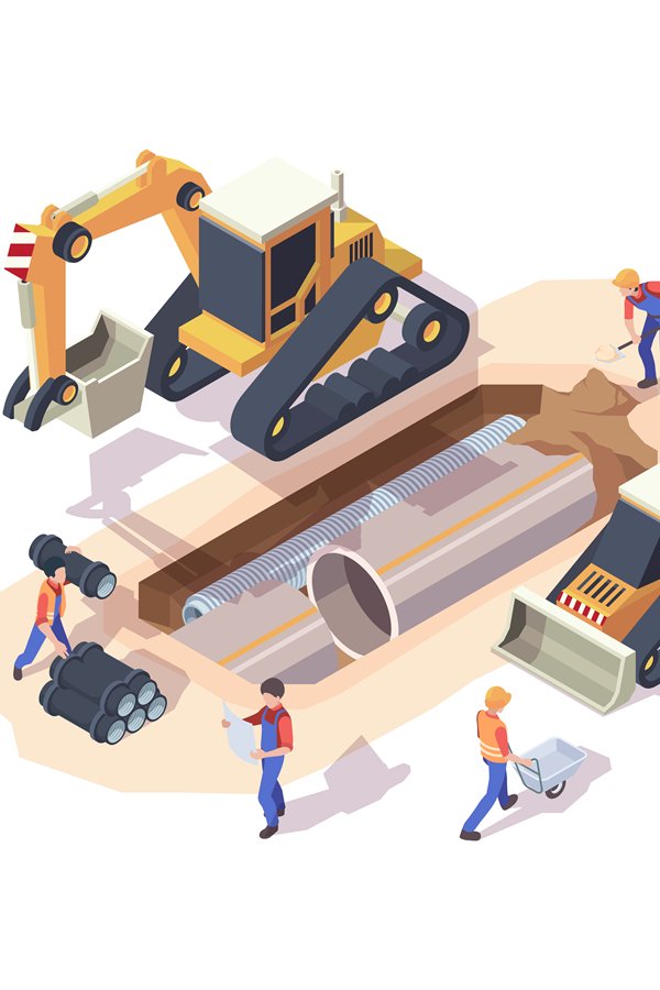 Pipeline installation. Urban work machine industrial steel p