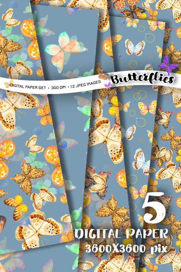 5 blue and yellow digital paper with watercolor butterflies.