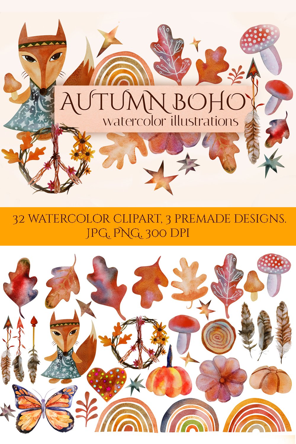 Fall Bundle. Autumn Clipart. Boho Watercolor. PNG. JPG