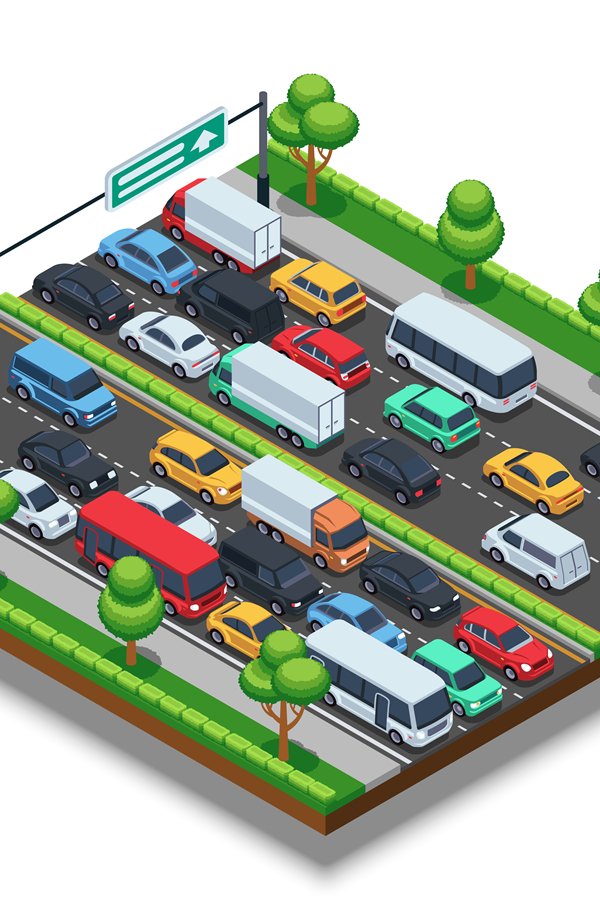 Isometric highway with traffic jam. 3d transportation vector