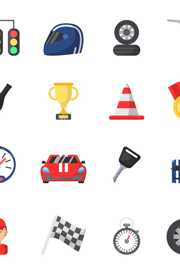 Sport symbols of racing. Car, motor, track and other flat ic