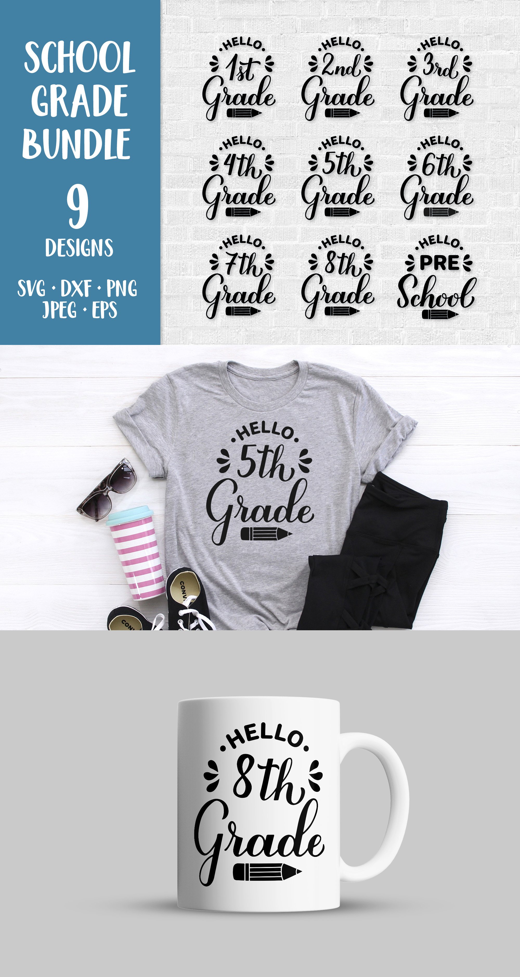 School Grade SVG Bundle. Hello Grade 1st to 8th, Preschool