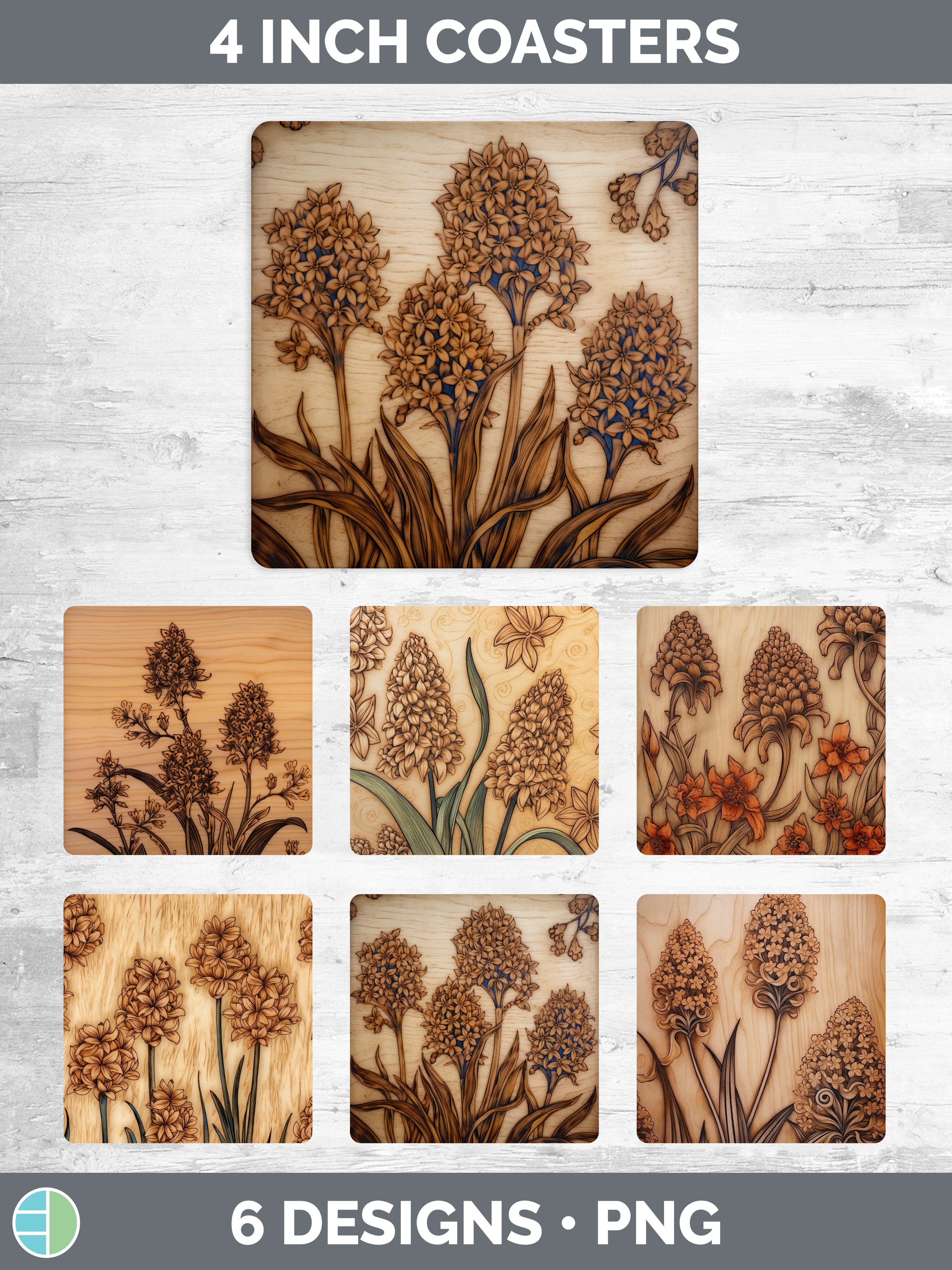 Wood Burned Hyacinth Flowers Square Coaster | Sublimation Co