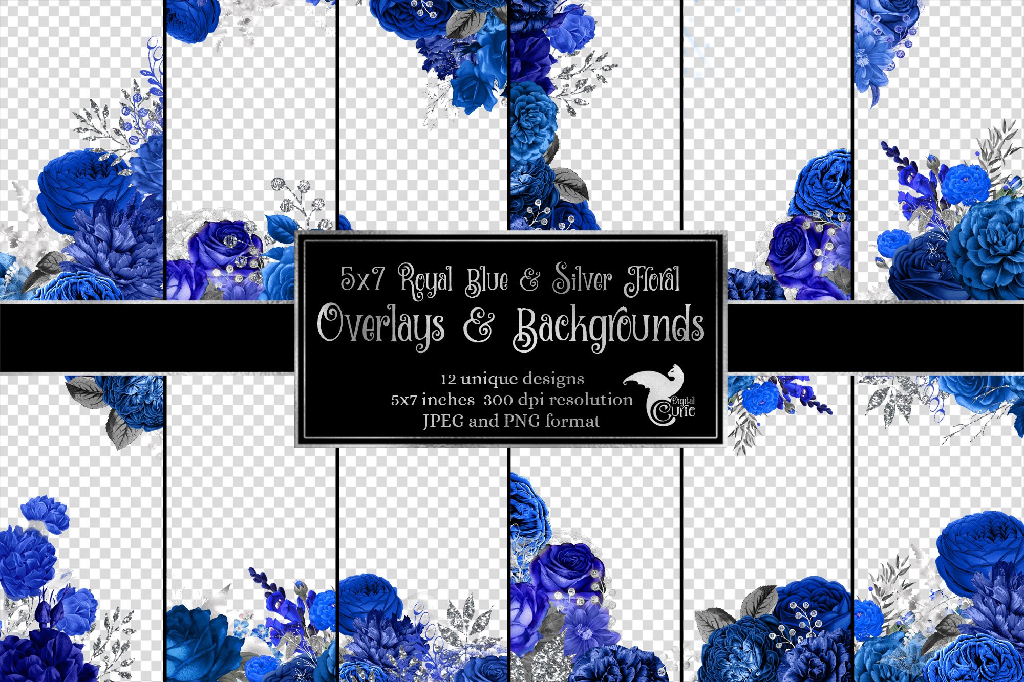 5x7 Royal Blue and Silver Floral Overlays