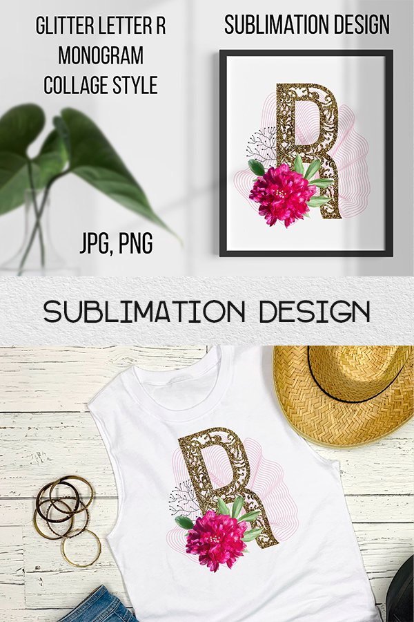 Gold lase letter R, Monogram collage, Sublimation design