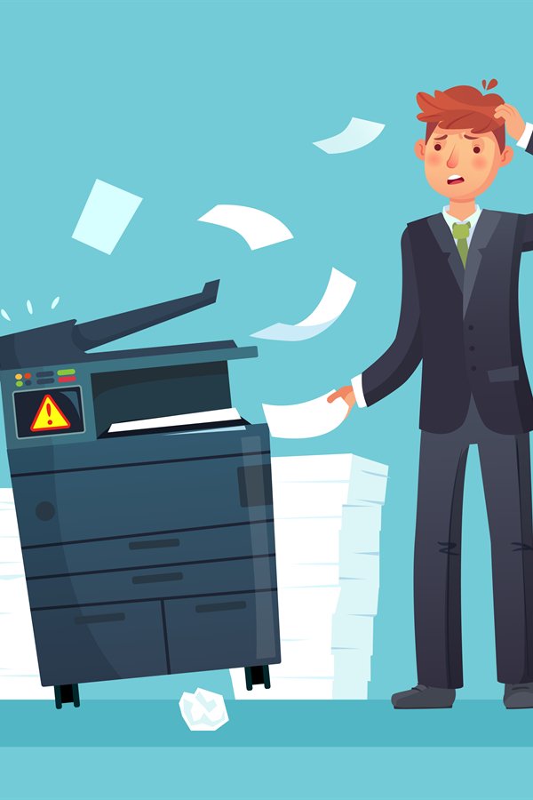 Printer broken. Confused business worker broke copier, offic