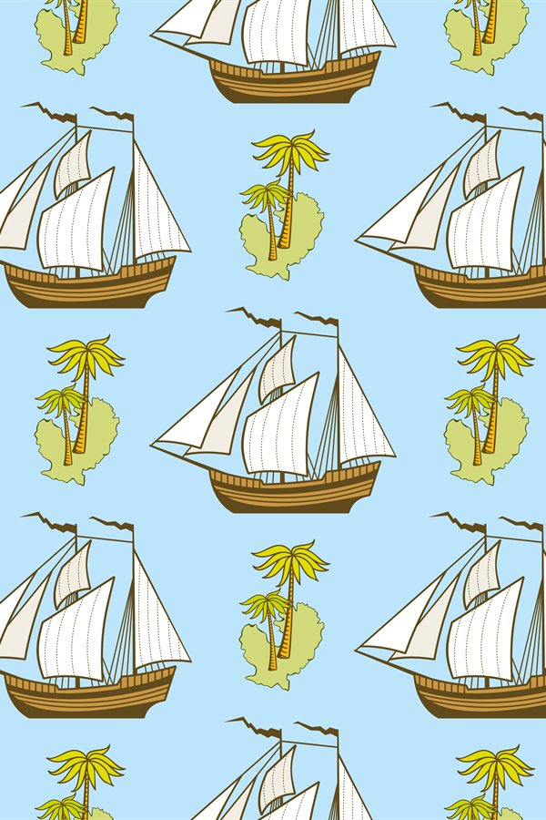 Seamless pattern with ship, palms and island