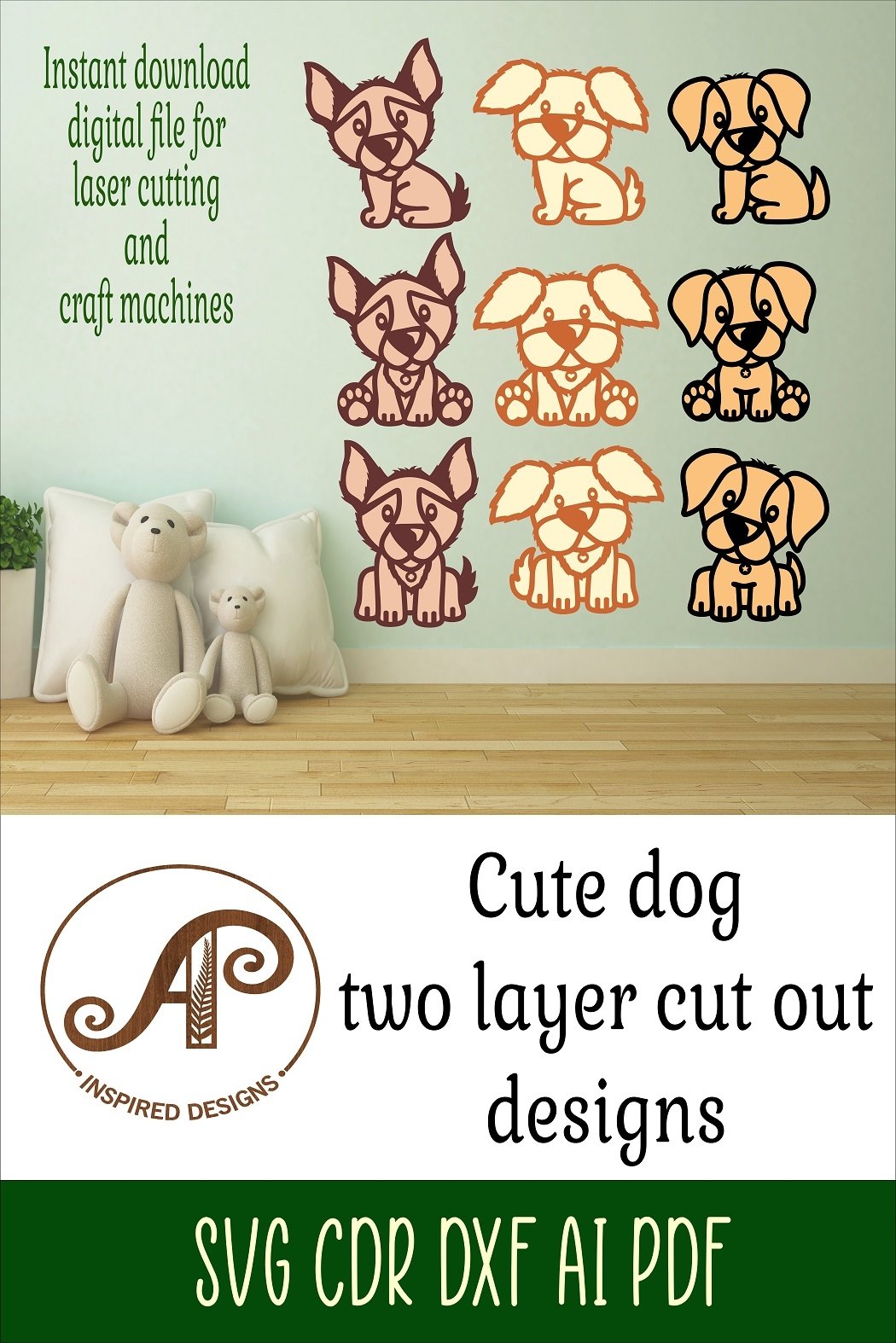 Cute Dog laser cut file shapes. 3 Dogs in 3 positions, SVG
