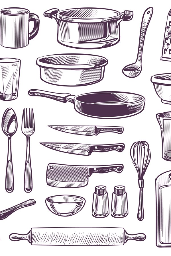 Kitchen utensils. Sketch cooking tools. Pan, knife and fork,