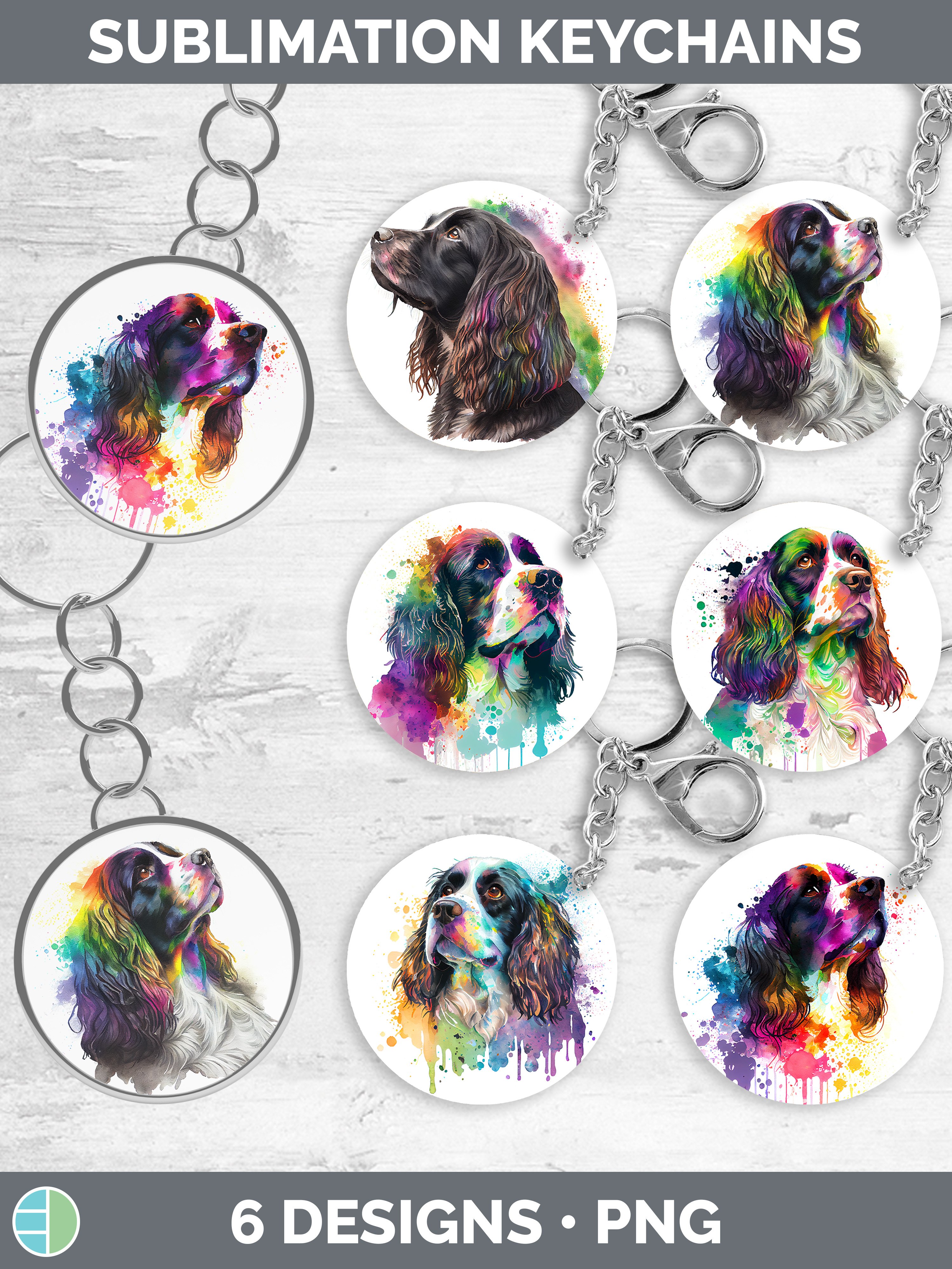Rainbow Spaniel Dog Keychain | Sublimation Keyring Designs B