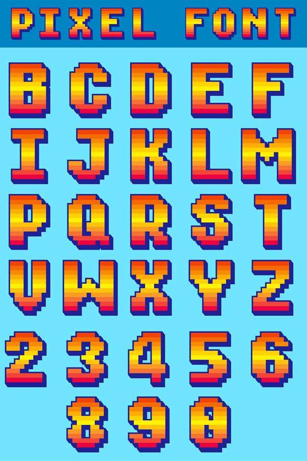 Pixel 8 bit letters and numbers vector game font, digital al