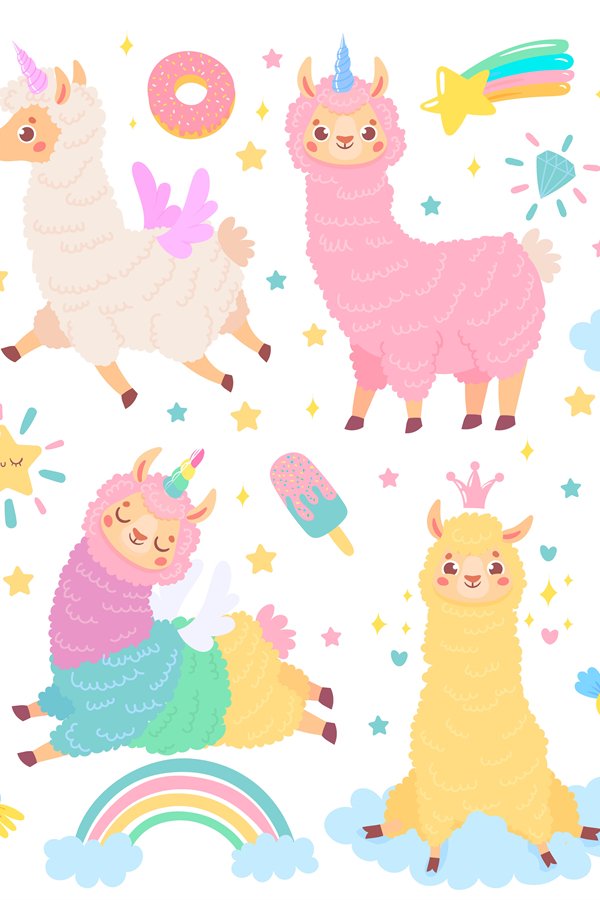 Cartoon llama unicorn. Happy magic color llamas unicorns, fl