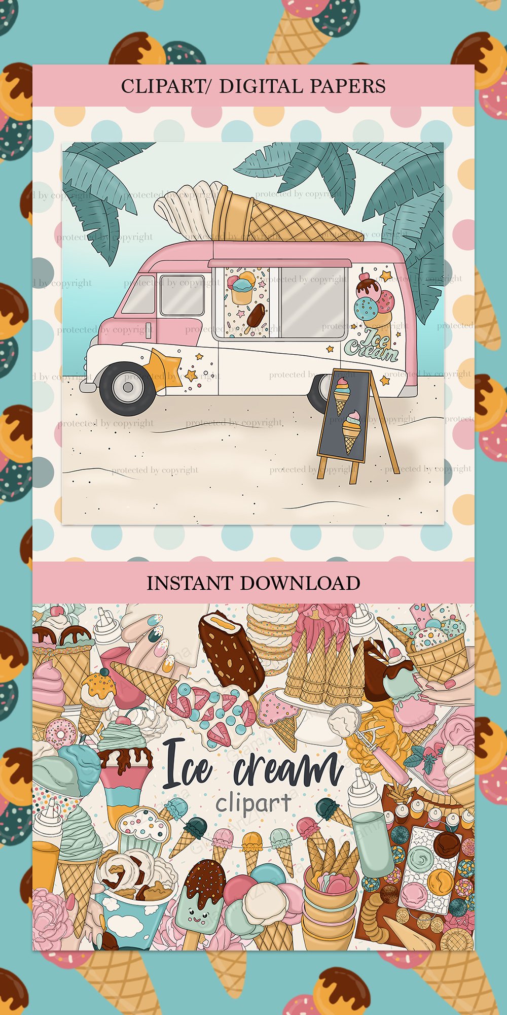 Ice Cream Shop Clipart | Retro Summer Illustration