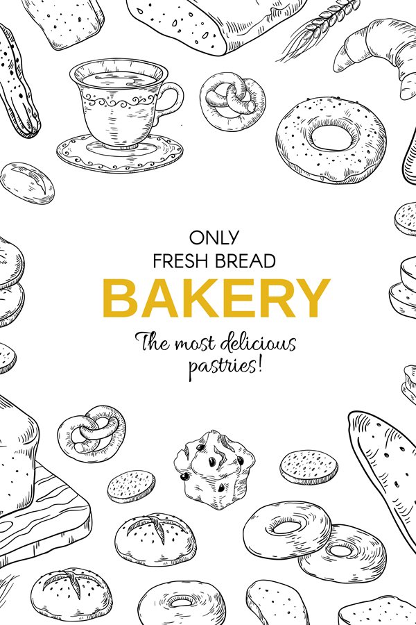 Bakery frame. Hand drawn bread and cookies banner for menu,