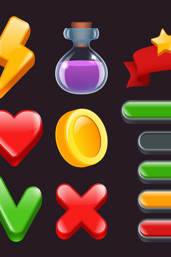 Game ui kit icons. Stars colored ribbons menus and status ba