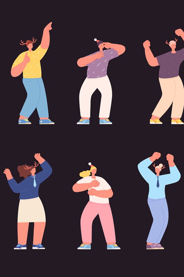 Christmas party characters. Cartoon dancing people, winter h