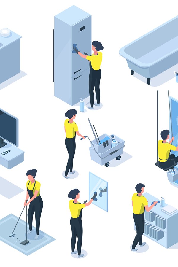 House cleaning team isometric professional characters. Deter